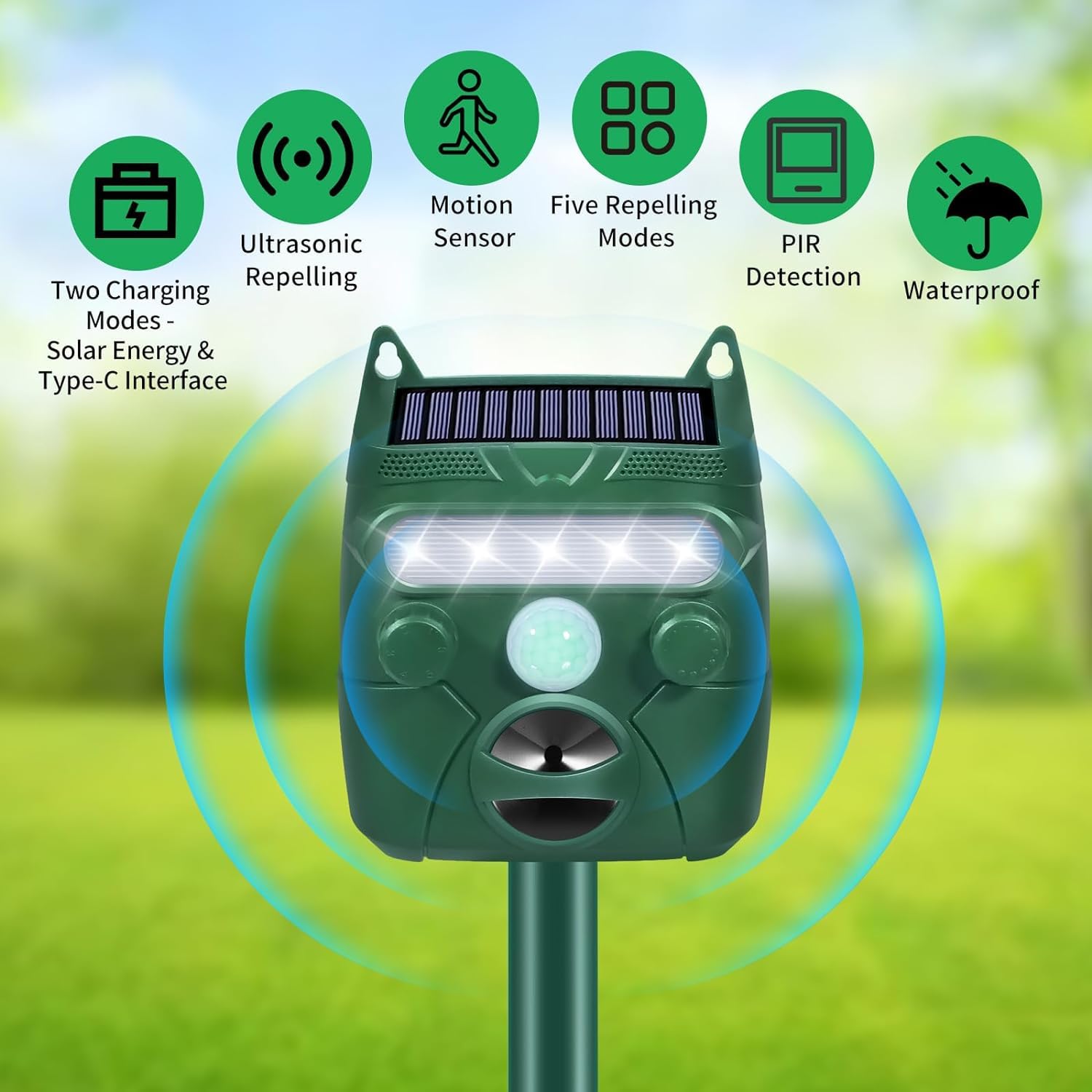 2 Pcs Solar Ultrasonic Animal Repellent, 2024 Deer Repellent Devices with Motion Sensor Flash Light to Scare Away Cat Squirrel Skunk Deer Raccoon Rabbit, Cat Deterrent Outdoor Dog Repellent for Yard