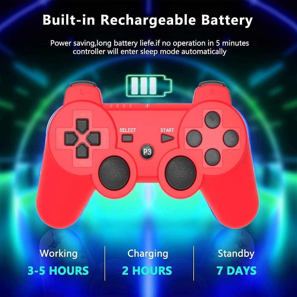 2 Pack PS3 Wireless Controller Playstation 3 Controller Wireless Bluetooth Gamepad with USB Charger Cable for PS3 Console (Red+White)