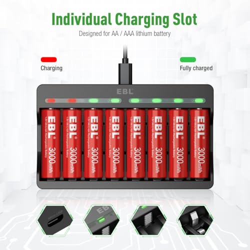EBL 8 Pack Rechargeable Lithium AA Batteries, 1.5V 3000mWh Double a Batteries Long Lasting AA Li-ion Battery (8AA with Charger)