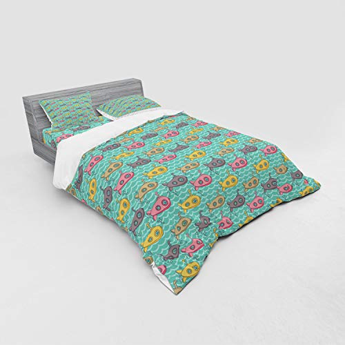 Ambesonne Submarine Bedding Set, Colorful Cartoon Submarines Under The Sea Nautical Fun Pattern Composition, 4 Piece Duvet Cover Set with Shams and Fitted Sheet, California King, Multicolor