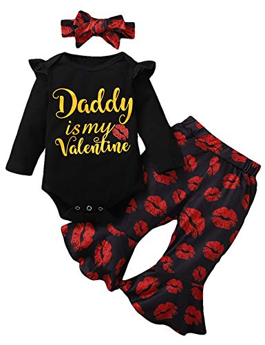 Aslaylme Baby Girls Valentine's Day Outfit Newborn Daddy's Little Valentine Bodysuit Kiss Flare Pants Outfit(Black,0-3 Months