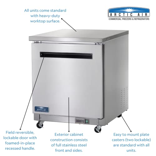 Arctic Air AUC27F 27" Single Door Work Top Undercounter Freezer, 6.5 Cubic Feet, Stainless Steel, 115v