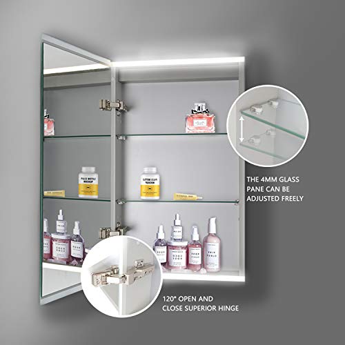 ExBrite 20''x 26''LED Lighted Bathroom Medicine Cabinet with Mirror, Surface Lighted Medicine Cabinet,Dimmable,Adjustable Shelves,Intelligent Switch Medicine Cabinet, Aluminum Frame, 120°Soft Hinge