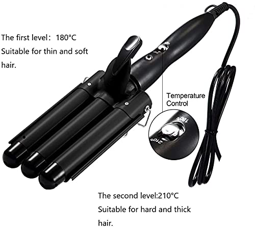 Tourmaline Ceramic 3 Barrel Curling Iron and Waver, 1 Inch - Mermaid Beach Waves, Heat Up Quickly, Black