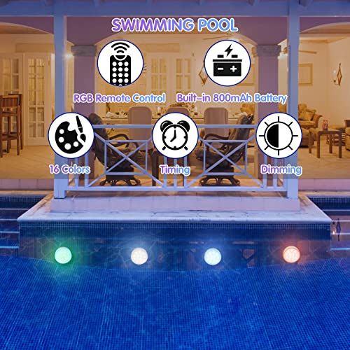 2 Pack Rechargeable Pool Lights, Pool Lights for Inground Pools IP68 Waterproof, Underwater Submersible Lights with Remote Timer, 13 LED 16 Colors Floating Pond Light for Bathtub Hot Tub Aquarium