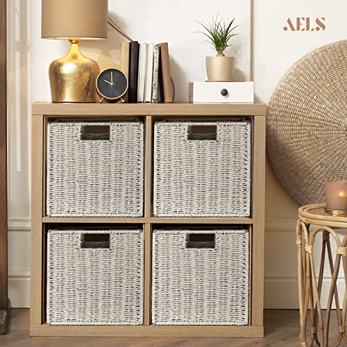 AELS Woven Baskets for Storage, Natural Hand-woven Storage Baskets for Organizing, Cubby Cubes Storage Bins for Shelves, 11" Modern Farmhouse Square Storage Cubes with Handles, Light Gray, 4 Pack