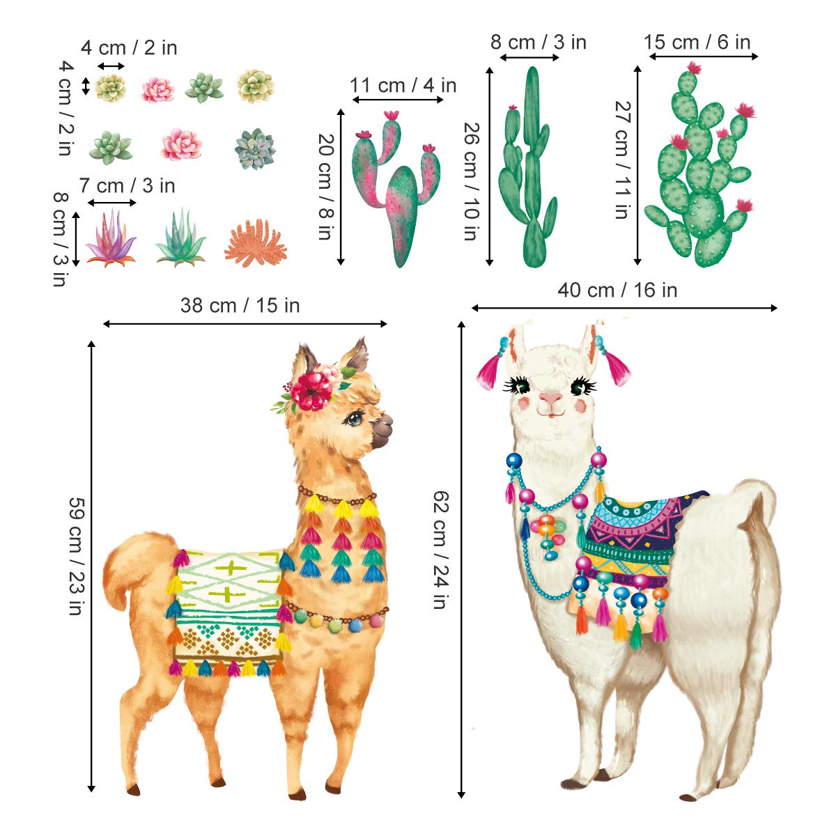 decalmile Large Llama Wall Decals Tropical Cactus Plants Wall Stickers Baby Nursery Kids Bedroom Living Room Wall Decor (H: 24 Inches)