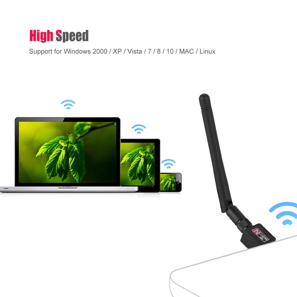 ASHATA USB Adapter 300Mbps, USB 2.0 Network Dongle with High Gain Antenna for PC/Desktop/Laptop/Tablet, 2.4GHz?802.11b/g/n, Support 2000, XP, Vista, 7,