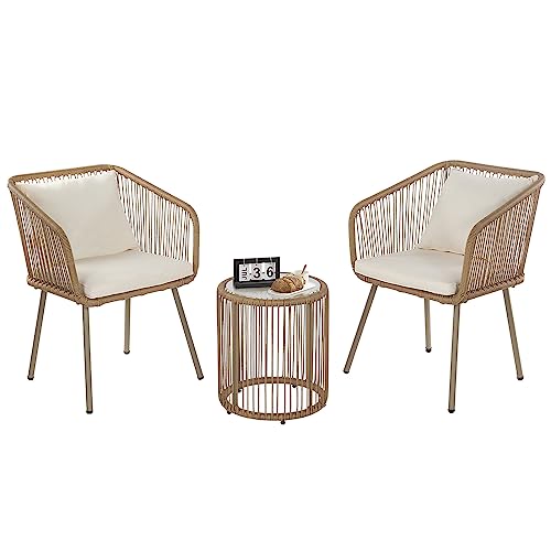 3-Piece Outdoor PE Rattan Bistro Furniture Set Patio Rattan Conversation Set Patio Furniture Set Glass Coffee Table Top and 2 Chairs with Cushions Lumbar Pillows for Yard Garden Porch Bistro, White