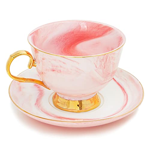 3-Piece Pink Marble Tea Cup and Saucer Gift Set for 1, 7 oz Teacup with Gold Spoon