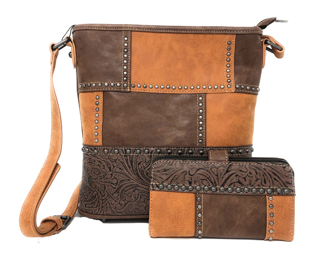 American Bling Concealed Gun Messenger Purse Wallet Set Tooling Patchwork Coffee, Medium