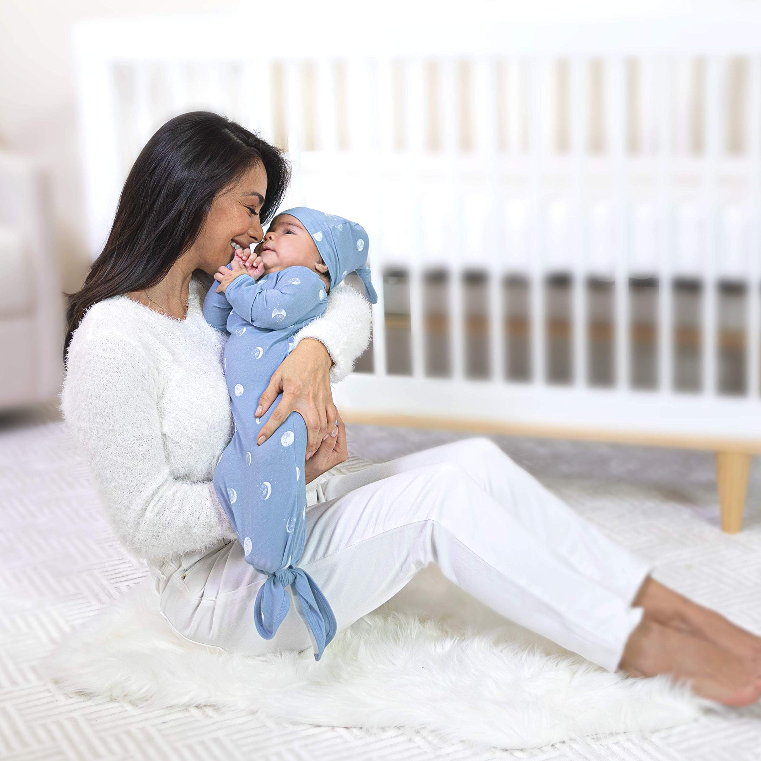 aden + anais Comfort Knit Knotted Newborn Baby Gown and Hat, Super Soft Cotton with Spandex, Infant Gown with Fold Over Mitten Cuffs, 2 Piece Set, 0-3 Months, Blue Moon