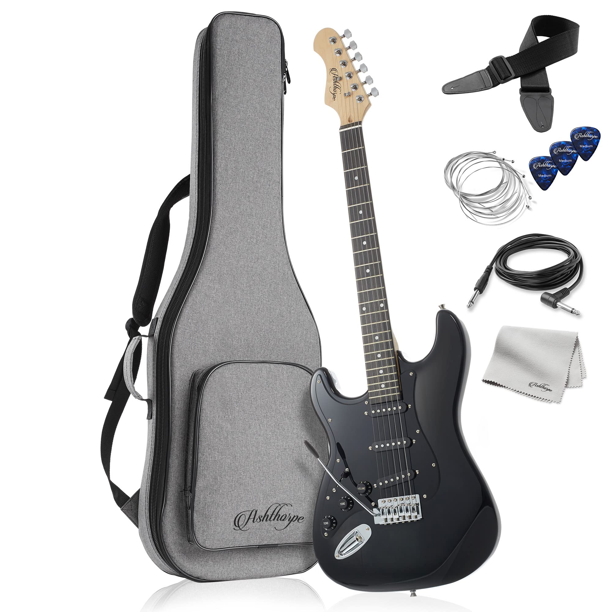 Ashthorpe 39-Inch Left Handed Electric Guitar (Black-Black), Full-Size Guitar Kit with Padded Gig Bag, Tremolo Bar, Strap, Strings, Cable, Cloth, Picks