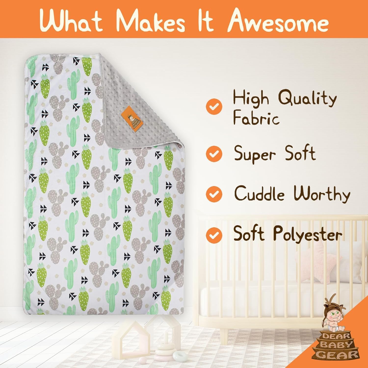 Dear Baby Gear Baby Blankets - Nursery Blankets for Newborn - Crib Bedding - Soft Blanket for Infant - Blanket for Boys & Girls - 40" x 30" (Succulents Cactus Cacti, Light Gray Dot)