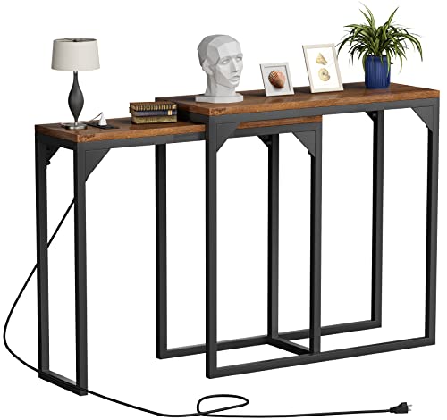 AISUNDY Console Table with Power Outlet & USB Ports, 63 Inch Narrow Long Sofa Table Set, Rustic Entryway Table Behind Sofa Couch, Industrial Vintage Hallway Table Nesting Side Table, Set of 2