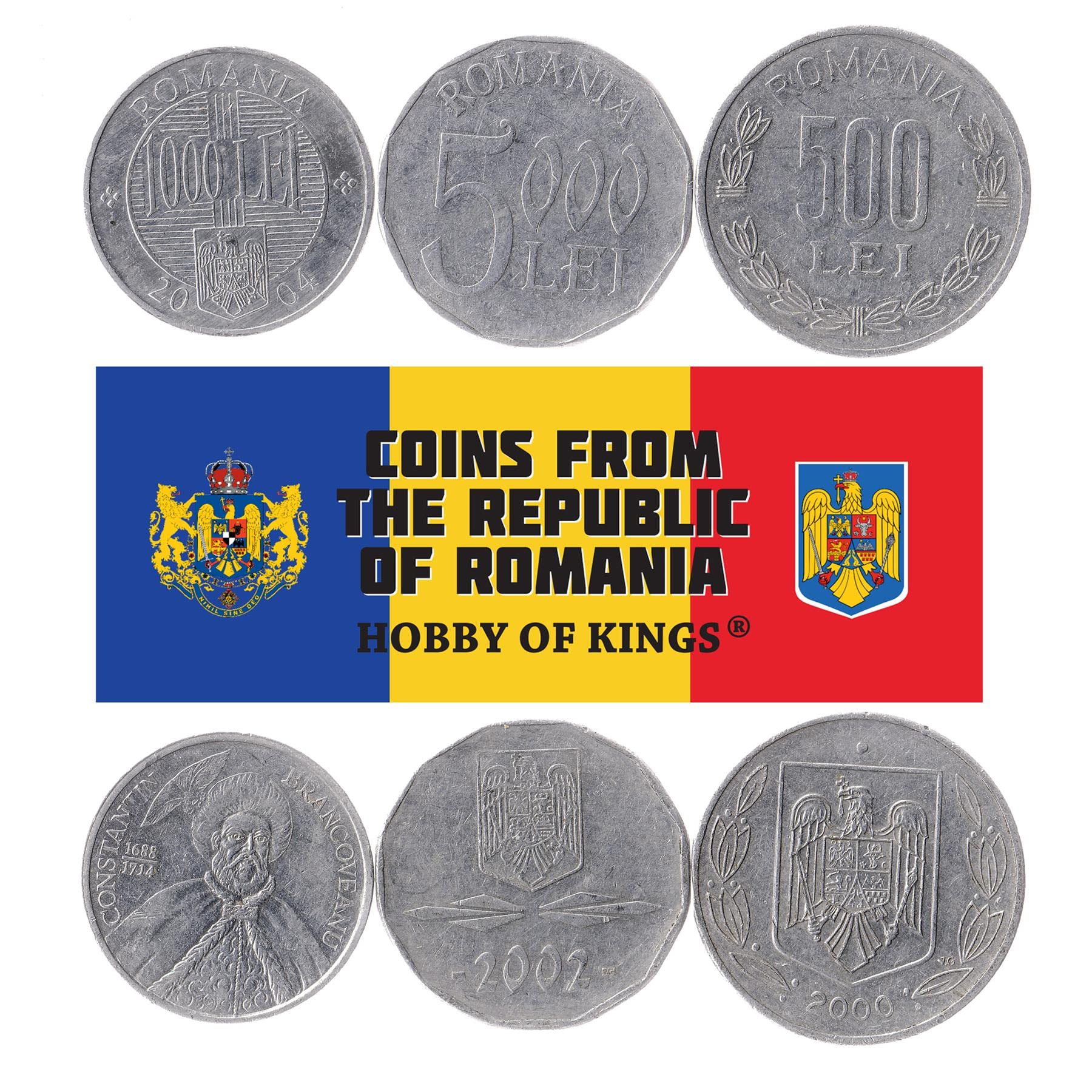 3 Coins from Romania | Romanian Coin Set Collection 500 1000 5000 Lei | Circulated 1999-2006 | Constantin Brâncoveanu