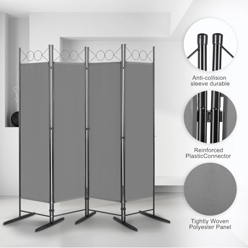4 Folding Wall Divider, Partition Room Dividers with Decorative Top, 5.74 ft Foldable Privacy Screen Room Separator with Steel Frame, Polyester Fabric, Plastic Feet for Bedroom, Office Gray