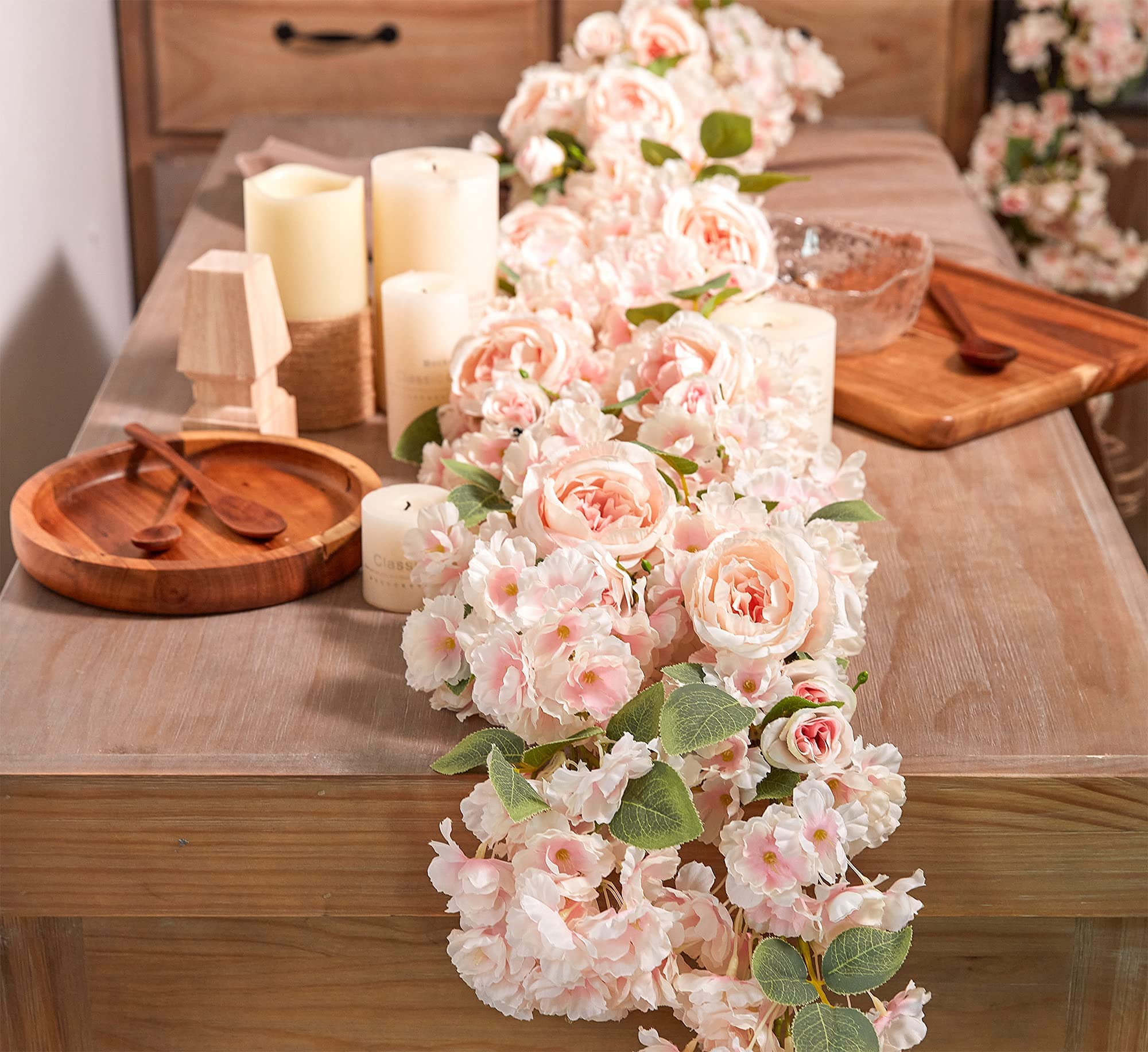 Anna's Whimsy 6.07FT Rose & Cherry Blossom Garland, Silk Artificial Flower, Flower Hanging Vines for Wedding Arch Party Table Home Garden Outdoor Kawaii Decor