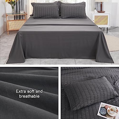 AveLom Dark Grey Comforter Queen Size Set with Sheets - 7 Pieces Bed in a Bag Seersucker Complete Bedding Set, All Season Lightweight Bed Set with Comforter, Sheets, Pillowcases & Shams