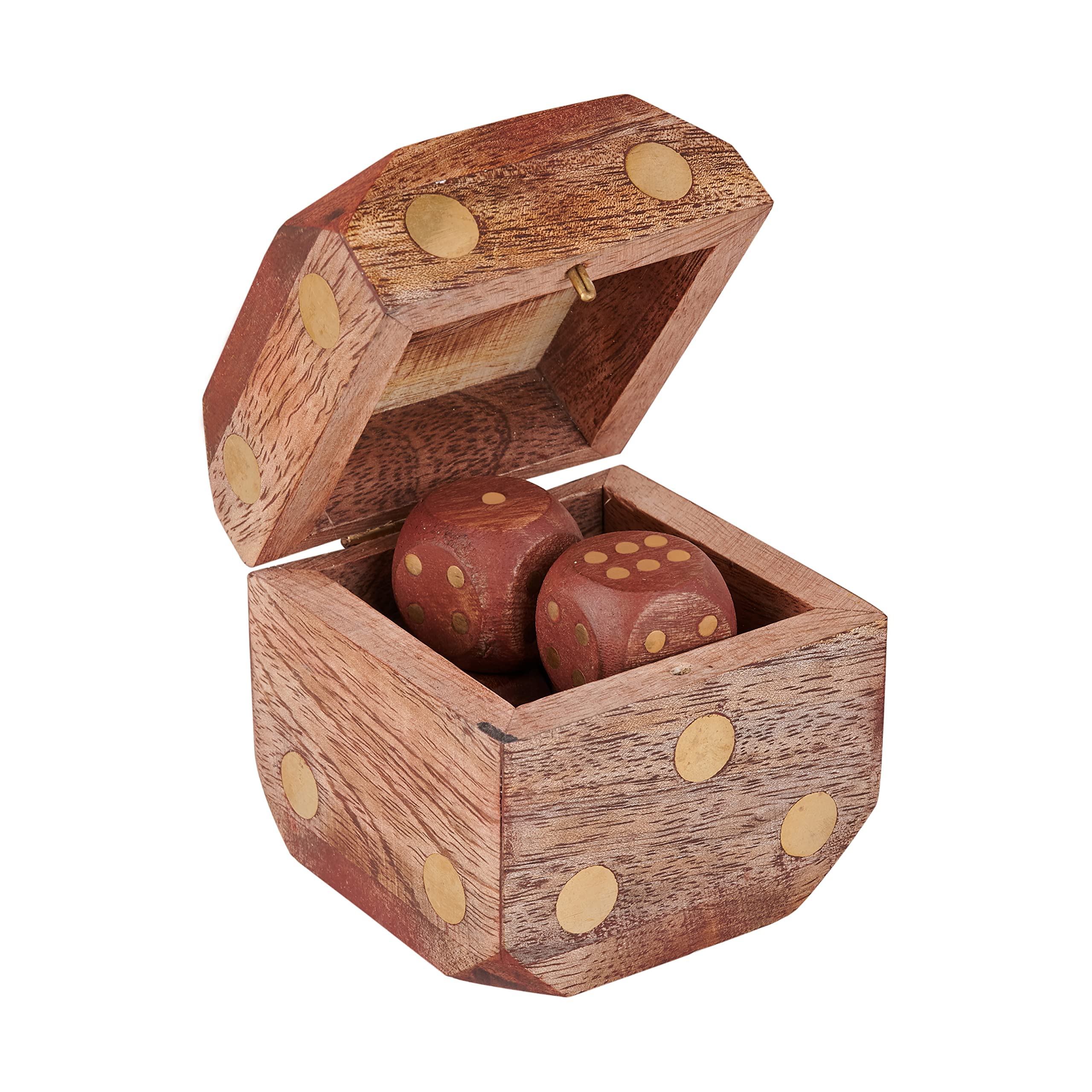 Asiatic Craft Dice Box Game Set Comes with 5 Dices - Wooden Brass Inlay Holder Roller Storage Protect Rolling Standing Display Counters Mini Travel Board Coffee Table
