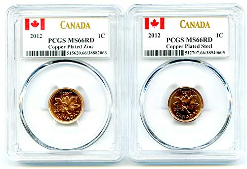 2012 Royal Canadian Mint Canada TWO COIN COPPER PLATED STEEL AND ZINC SET Last Year Of Issue PCGS MS66