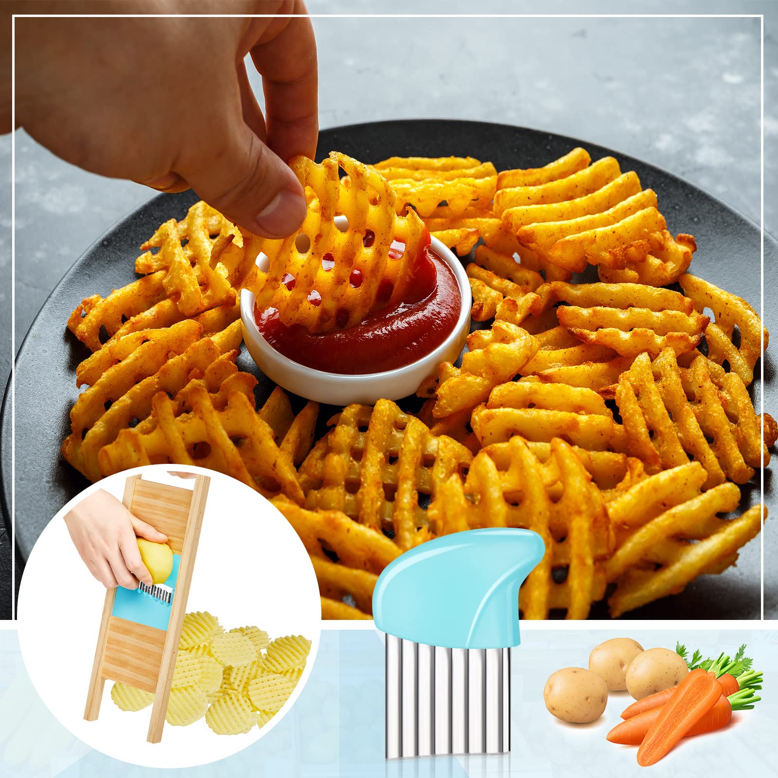 2 Pcs Wave Waffle Cutter and Crinkle Cutter Set Waffle Fry Cutter Potato Cutter Stainless Steel Potato French Fry Cutter Slicer Crinkle Choppers Potato Lattice Maker for Kitchen Tools (Blue)