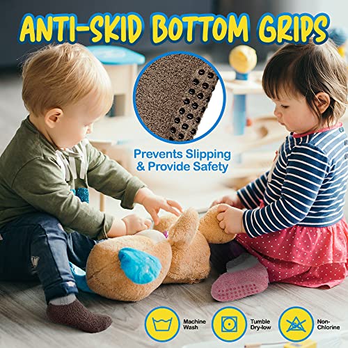 Debra Weitzner 6 Pairs Warm Fuzzy Socks for Kids with Grippers - Non Skid Slipper Socks for Toddlers - Solid Hearts 4-6 Yr