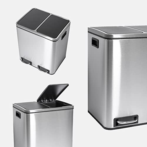 AWENN - Dual Kitchen Garbage Trash Can with Lid and Pedal - Touchless Round Shape Waste Bin - Stainless Steel Dustbin for Kitchen, Bathroom, Office and Outdoors β Black (7.9 Gallon β 30 Liters)