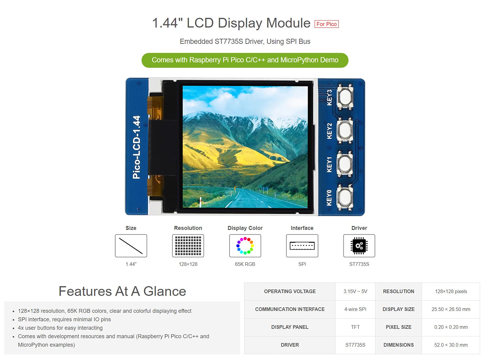waveshare 1.44inch LCD Display Module for Raspberry Pi Pico 65K RGB Colors 128×128 Pixels Embedded ST7735S Driver Using SPI Bus Comes with Raspberry Pi Pico C/C++ and MicroPython Demo