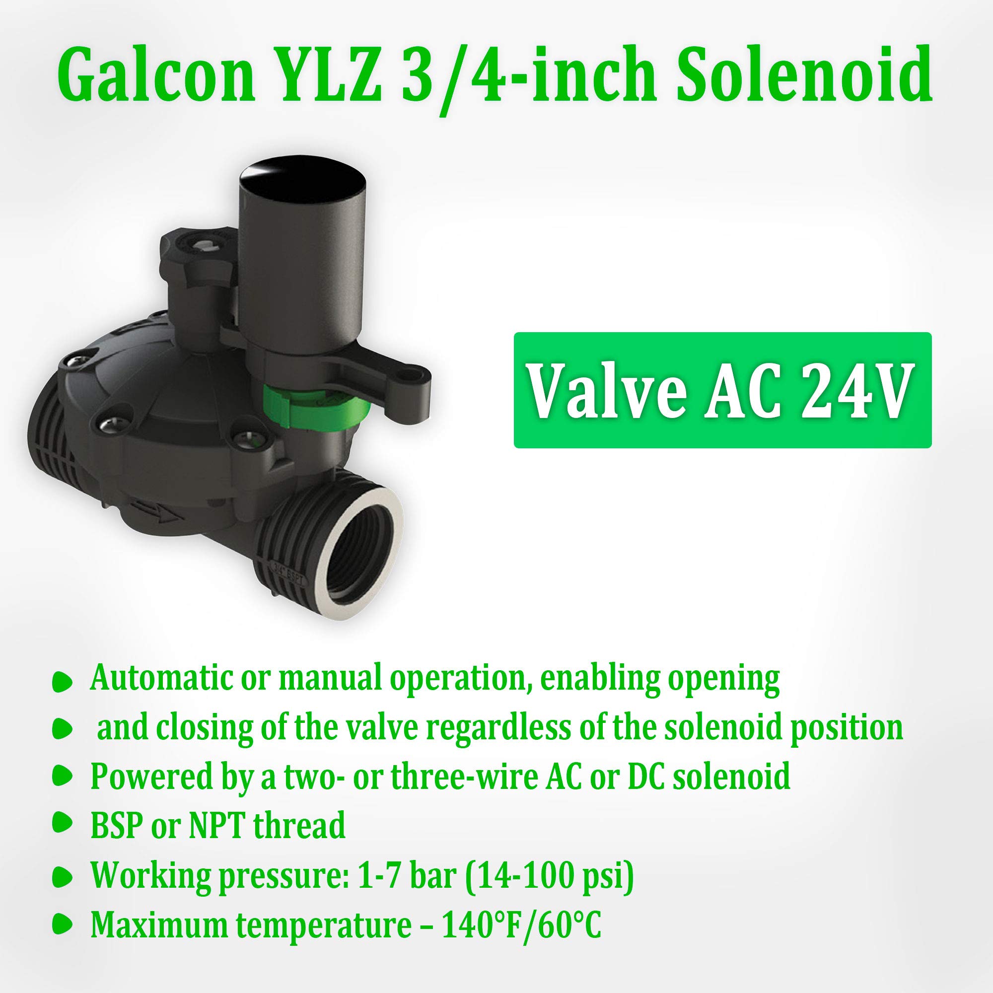 Galcon YLZ 3/4-inch Solenoid Globe Valve AC 24V FPT Irrigation Control Inline w/Flow Control Reinforced Plastic, Drip Irrigation, Greenhouse Residential & small Commercial Sites GAVASY312Q9