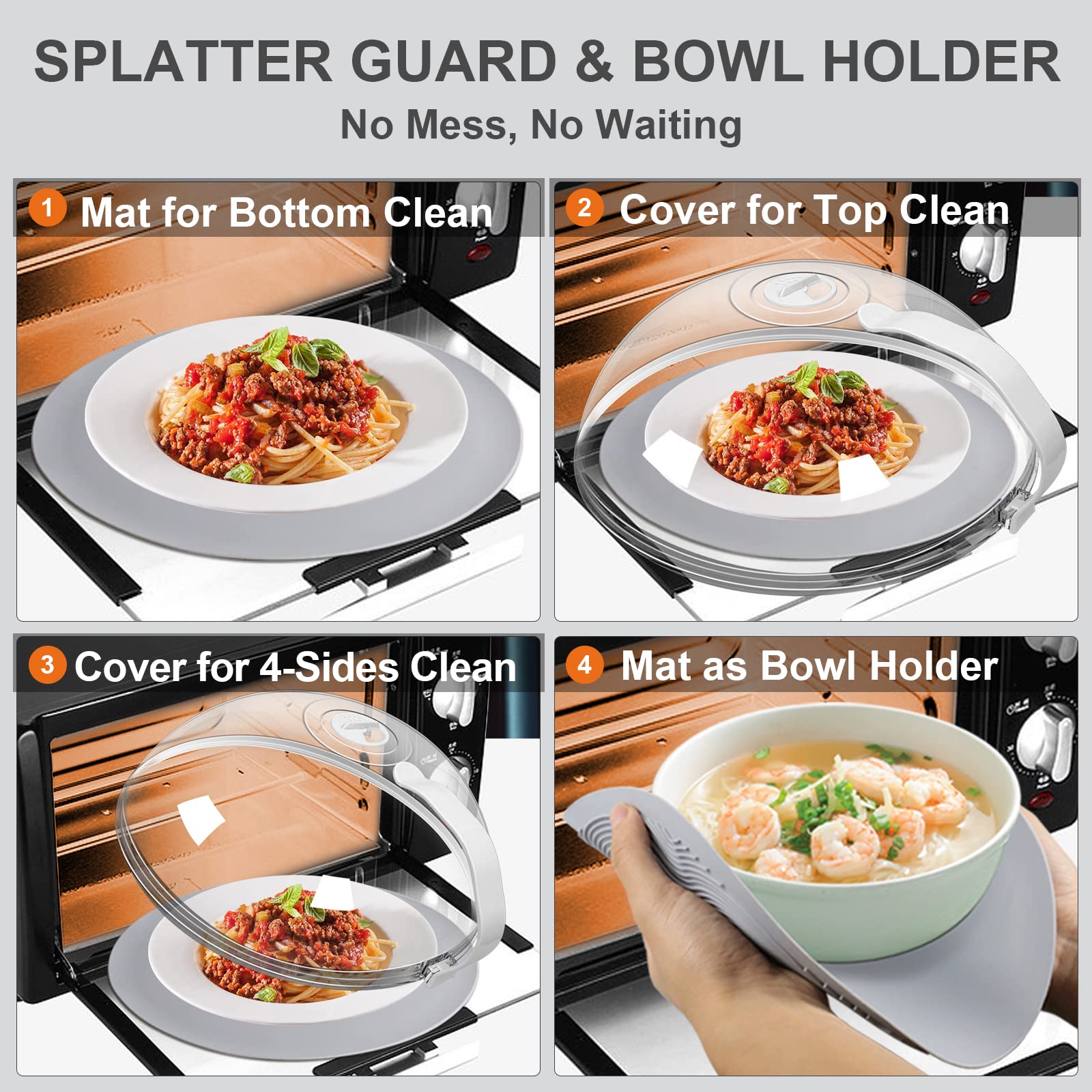 2 in 1, JesDiary Clear Microwave Cover & Multi-Purpose Mat- Mat as Bowl Holders, Cover for Plate Food Splatter Guard, Microwave Cooking Lid & Silicone Versatile Trivet, Dishwasher Safe,10.5inch, Grey