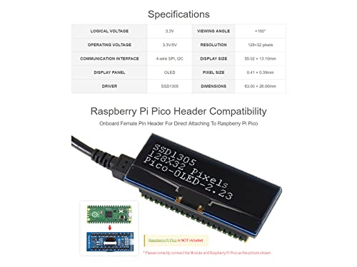 Waveshare 2.23inch OLED Display Module for Raspberry Pi Pico 128×32 Pixels SPI/I2C Interface Embedded SSD1305 Driver
