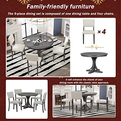 Aiuyesuo Farmhouse 5-Piece Round Dining Table Set with Curved Trestle Style Table Legs and 4 Upholstered Chairs for Dining Room, Acacia Wood Kitchen Dining Table Set for 4 (Dark Gray-Wood)