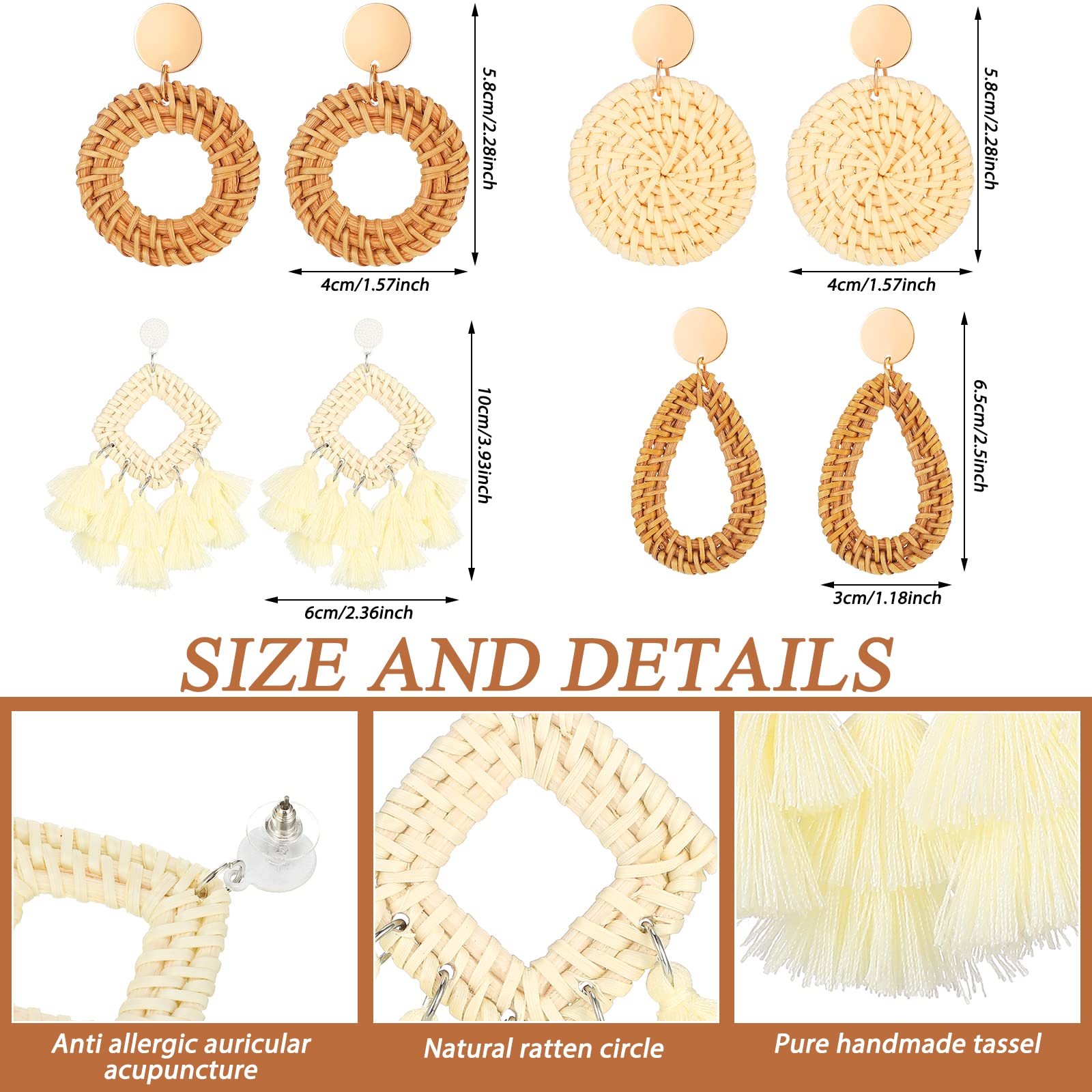 2 Pcs Women's Straw Clutch Purse and 4 Pairs Rattan Earrings Lightweight Boho Geometric Woven Straw Earrings (Retro Style)