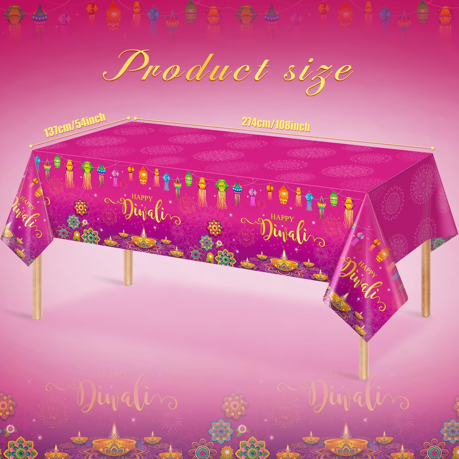 3 Pack Happy Diwali Disposable Tablecloth, Festival of Lights Plastic Table Cover for Rectangle Tables, Diwali Table Cloth for Indian Diwali Light Celebration Party Supplies Decorations, 54×108 Inch