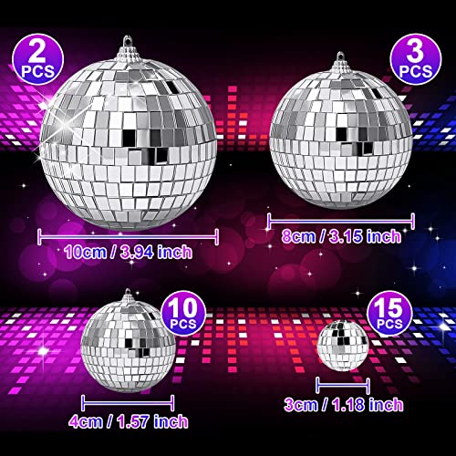30PCs Hanging Mirror Disco Ball Ornaments Silver Disco Balls Decoration Ball Cake Decoration 70s Disco Party Disco Ball with Rope
