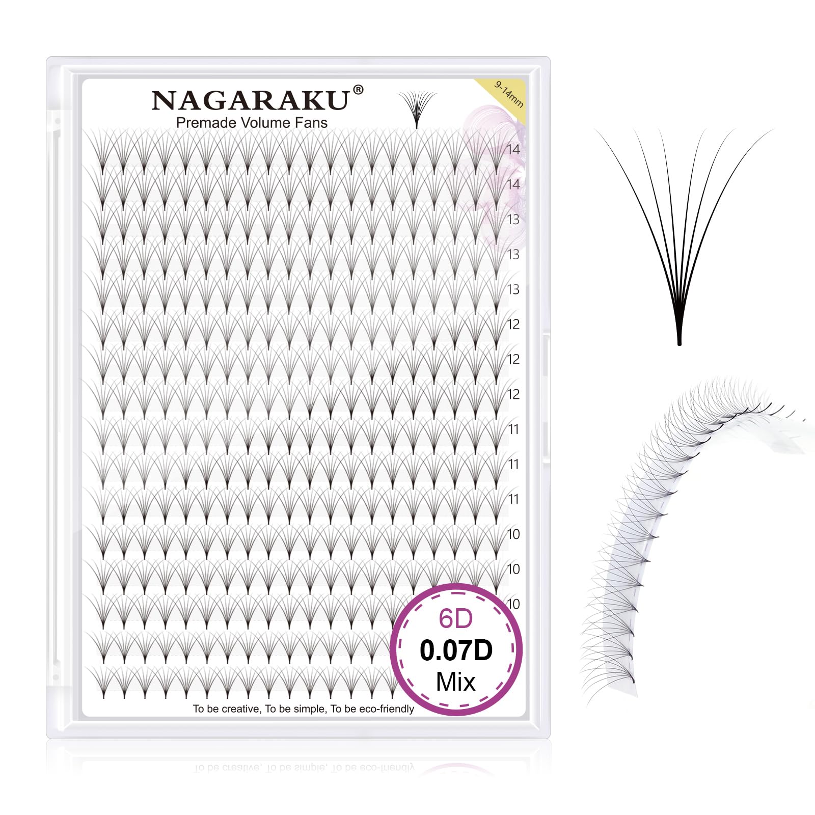 NAGARAKU Premade Fans Eyelash Extensions 320 Fans 6D Volume 0.07mm D curl 9-14mm Mix Tray Sharp Narrow Stem Clusters Thin Pointy Base Russian Pre Fanned Fluffy Matte Black