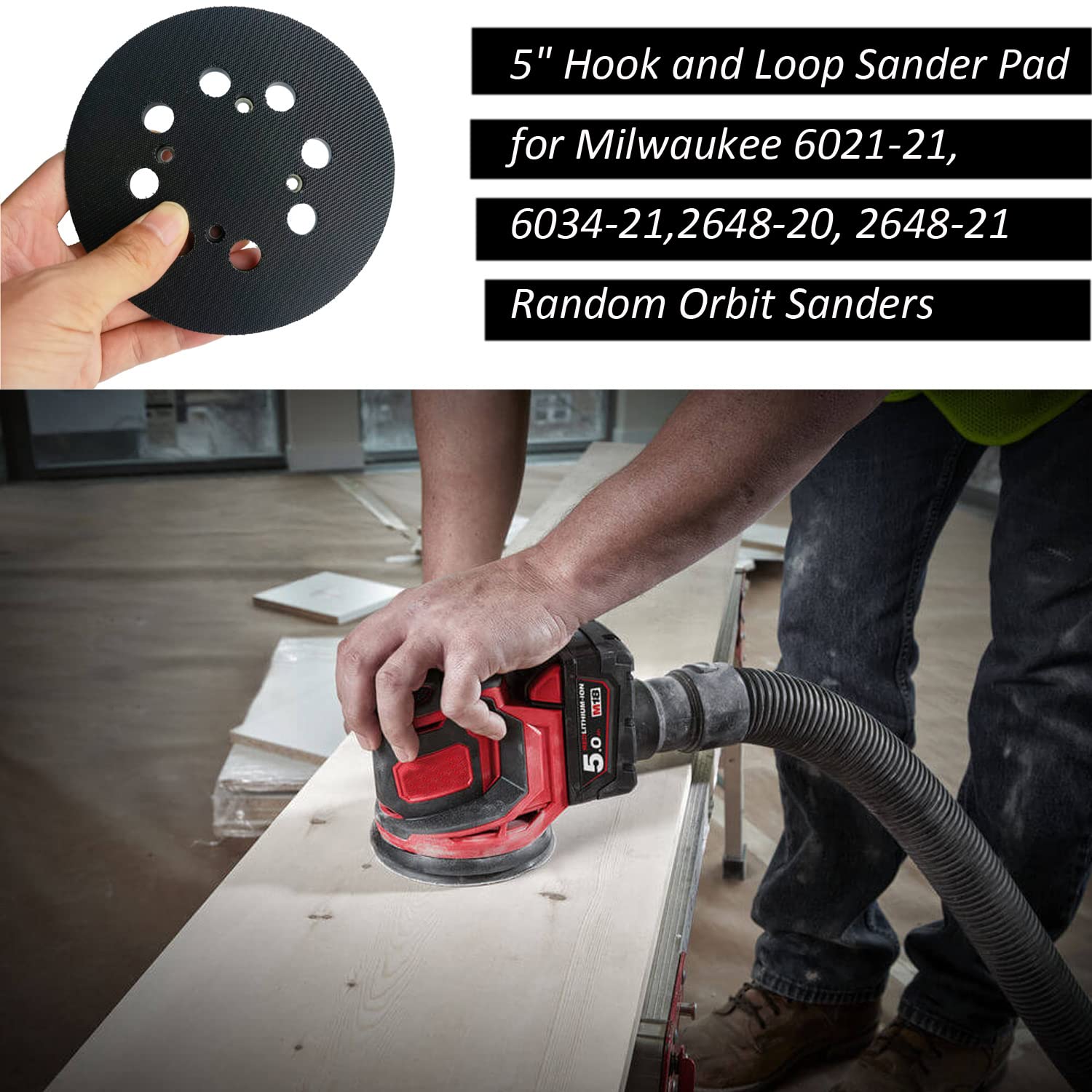 2 Pack 5 Inch 8 Hole Replacement Sander Pad for Milwaukee 6021-21, 6034-21,2648-20, 2648-21 Random Orbit Sanders -5" Hook and Loop Sanding Pad for Part Number 51-36-7100 - with Extra Hard Backing