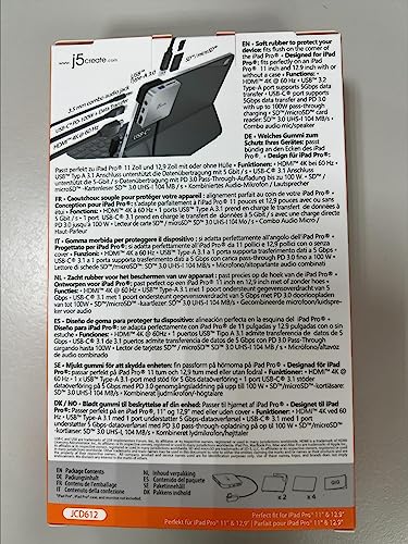 j5create iPad Pro USB C Hub- 6-in-1 Travel Dock for iPad Pro 12.9β/11β, with 4K@60Hz HDMI, USB C PD Charging 100W & Data, USB A 3.1, SD and microSD Card Reader, 3.5mm Headphone Jack (JCD612)