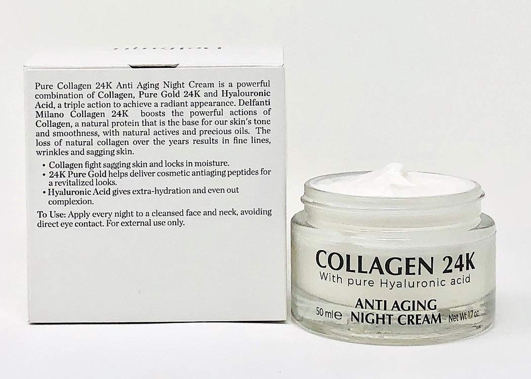 Delfanti-Milano • COLLAGEN 24K • Anti-Aging Night Cream • Face and Neck Moisturizer with pure Hyaluronic Acid • Made in Italy