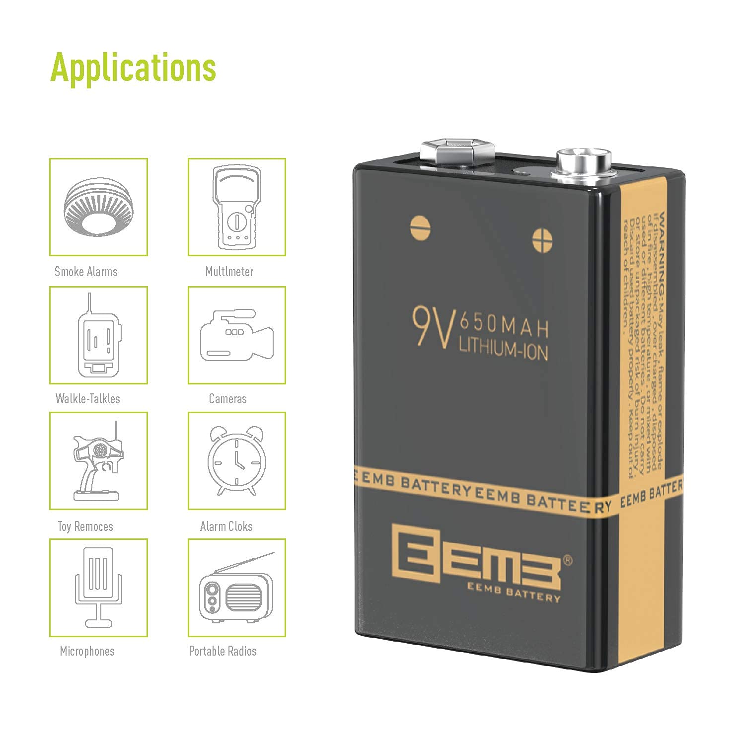 EEMB 9 Volt Rechargeable Batteries 650mAh with 9V Battery Charger for Smoke Alarm Detector 4-Packs