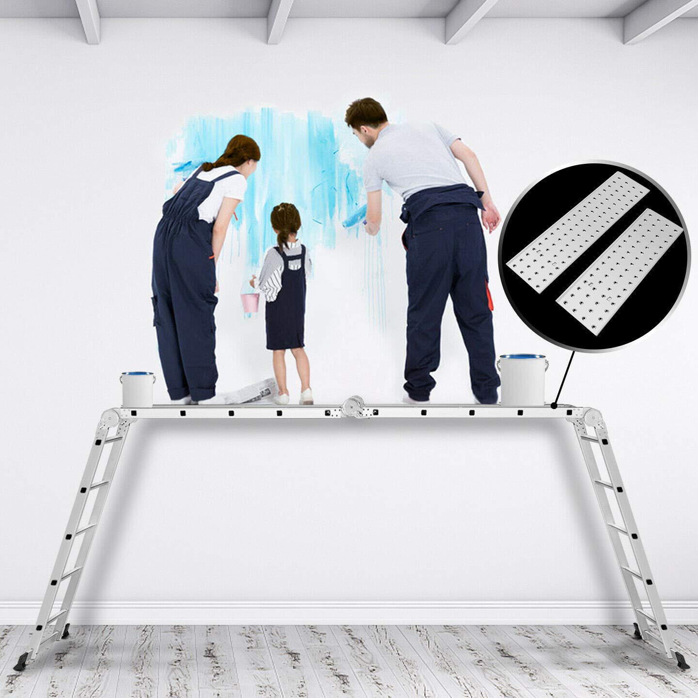 19.5 ft Folding Ladder Heavy Duty Step Tall Ladders with 2 Platform Plates Multipurpose Aluminum Extension Scaffolding Platform, 300 lbs (Sliver)
