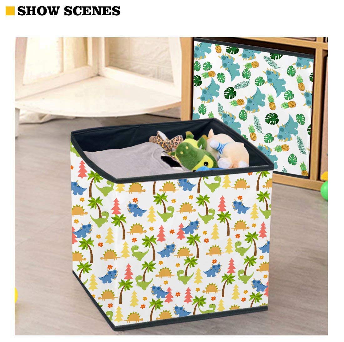 AFPANQZ Storage Bins Cubes Baskets Containers for Home Closet Bedroom Drawers Organizers Foldable 13x13x13 Inches 3D Dinosaur T-rex Print Boys Room Brown