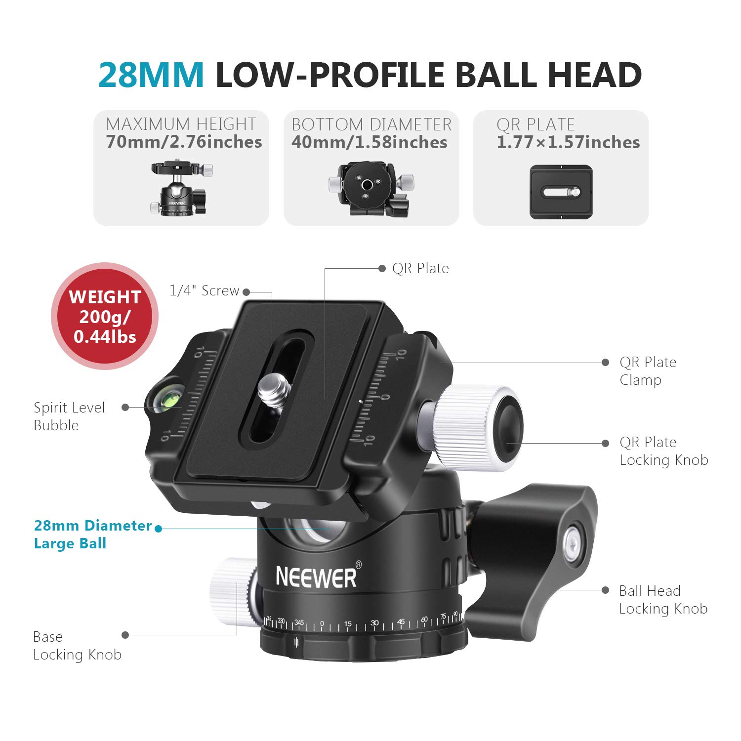 NEEWER Professional 28mm Low Profile Tripod Ball Head with 360° Rotation and 2 Locking Buttons, Arca Type 1/4" QR Plate and Spirit Level for Tripod/Camera, Max Load: 5 kg