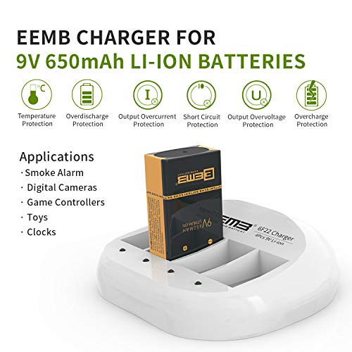 EEMB LP 9V Rechargeable Lithium ion Battery Charger for 6F22 650mAh 9Volt Li-ion Batteries for Smoke Alarm Digital Cameras Toys Clocks (4 Bay Charger)