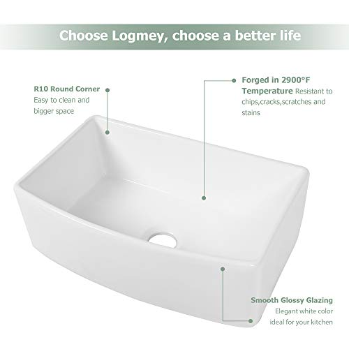 30 White Farmhouse Sink - Logmey 30 inch Kitchen Sink Arch Edge Curved Ceramic Fireclay Apron Front Single Bowl Farm Sink