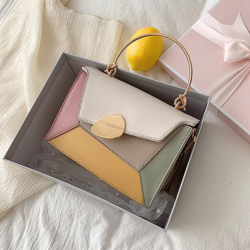 2022 Women Bag Flap PU Korean Lady Patchwork Hasp Chains Metal Handle Luxury Designer Bag Handbag Shouder Bag Wide Strap (White)