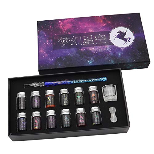 AXEARTE Glass Pen Set, Calligraphy Pen and Ink Set - 12 Colors Ink, Glass, Pen Holder, Crystal Vintage Glass Dip Pen for Art, Writing, Drawing, Signatures, Decoration, Holiday Gift Set