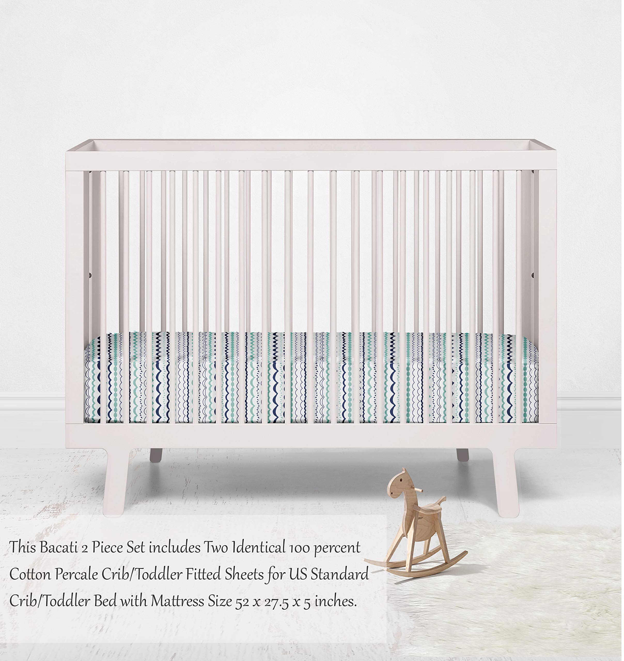 Bacati - 2 Pack NOAH Tribal Boys 100% Cotton Soft Breathable Percale Universal Baby US Standard Crib or Toddler Bed Fitted Sheets (Garland, Mint Navy)