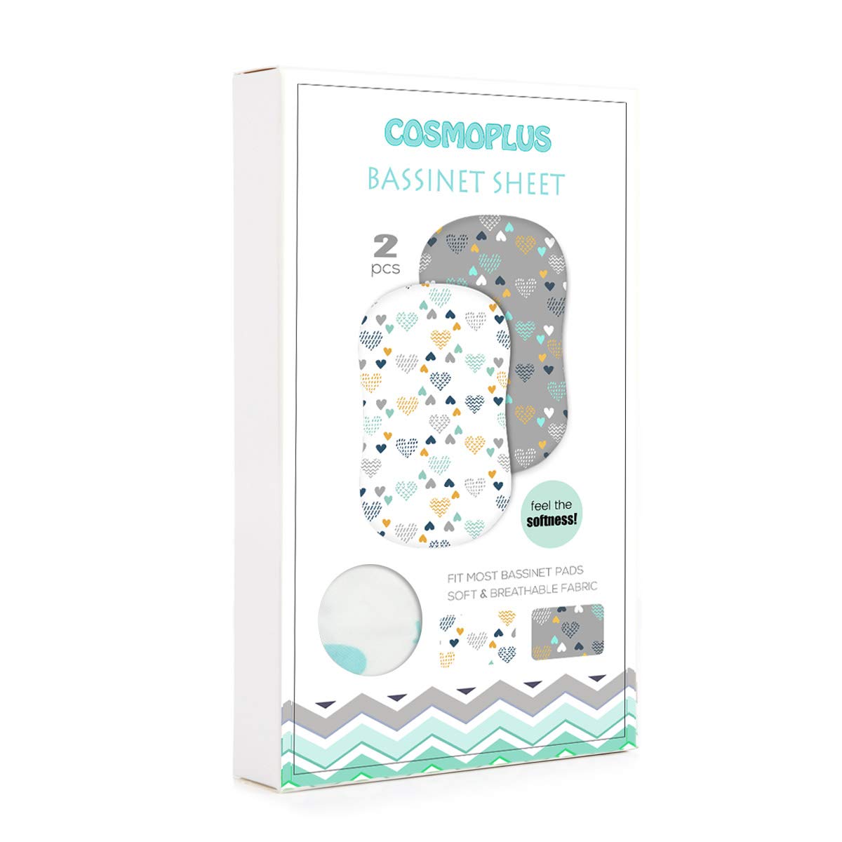 COSMOPLUS Bassinet Sheet Set 2 Pack Stretch Fitted Craddle Fitted Sheets for Bassinet Pads/Mattress, for Boys Girls,Unisex,Ultra Soft,Heart Pattern